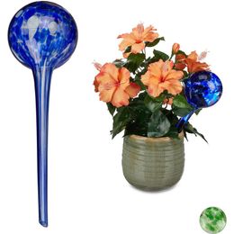 Bewässerungskugel 2er Set, dosierte Pflanzen Bewässerung, Blumentopf, Gießhilfe Büro, Urlaub, Glas ø 9cm, blau - Relaxdays