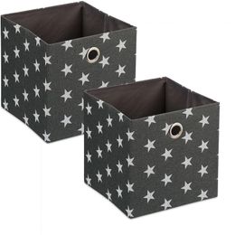 Aufbewahrungsbox aus Stoff, 2er-Set, weiße Sterne, HxBxT: 30,5 x 30 x 30 cm, faltbarer Regalkorb, grau/weiß - Relaxdays