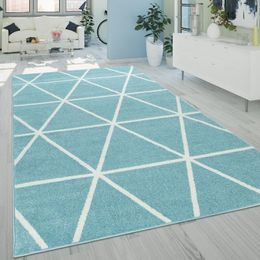 Paco Home Teppich Wohnzimmer Skaninavisches Rauten Design Weich Pastellfarben Blau Weiß 70x140 cm
