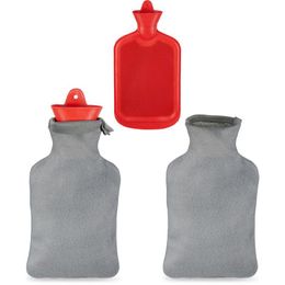 Relaxdays 2 x Wärmflasche mit Bezug, flauschige Kuschelwärmeflasche, 1,5 Liter Bettflasche, geruchsneutraler Naturgummi, grau/rot