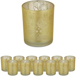 Teelichtgläser, 12er Set, Teelichthalter aus Glas, Weihnachten, Votivgläser, h x d: 8,5 x 7 cm, Deko, gold - Relaxdays