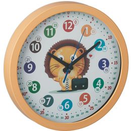 Wanduhr Kinder, ø 30 cm, Kinderzimmeruhr Löwe, bunte Zahlen, Uhrzeit lernen, Lernuhr Junge & Mädchen, gelb - Relaxdays