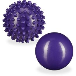 Massageball 2er Set, glatt & mit Noppen, hart, wassergefüllt, Selbstmassage, Faszienball, ø 6,5 & 7 cm, lila - Relaxdays