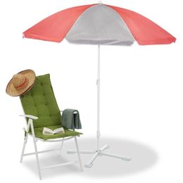 Sonnenschirm, Ø160 cm, höhenverstellbar, knickbar, UV-Schutz, Polyester, Stahl, runder Strandschirm, grau/pink - Relaxdays