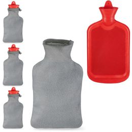 Relaxdays 4 x Wärmflasche mit Bezug, flauschige Kuschelwärmeflasche, 1,5 Liter Bettflasche, geruchsneutraler Naturgummi, grau/rot