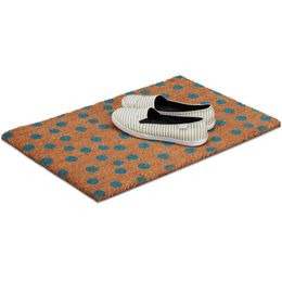 Fußmatte Punkte aus Kokos, HxBxT: 1,5 x 60 x 40 cm, rechteckig, rutschfest, Kokosfasern, Gummi, natur-blau - Relaxdays