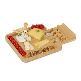 Käsebrett mit Käsemesser Set, hbt: 4 x 33 x 33 cm, Bambus Käseplatte mit Schublade, 4-tlg. Käsebesteck, natur - Relaxdays