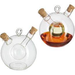 Relaxdays 2 x Essig- und Ölspender, 2 in 1, Ölflasche mit Korken, 375 ml und 50 ml, Essig und Öl in einem, aus Glas, transparent