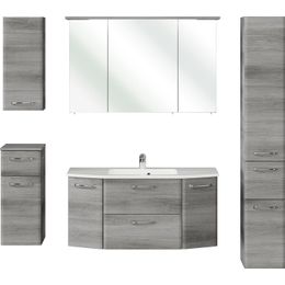 Saphir Badmöbel-Set Quickset 5-teilig, Mineralmarmor-Waschtisch und LED-Spiegelschrank, (6-St), Hochschrank, Unterschrank, Hängeschrank, inkl. Türdämpfer, grau