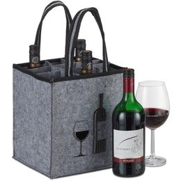 Relaxdays - Flaschentasche, 9 Flaschen, Flaschenträger mit Motiv, hbt 45 x 24 x 24 cm, Filztasche Wein, Bier & Sekt, grau