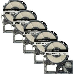 vhbw 5 x Kassette Patronen Schriftband 9mm kompatibel mit KingJim SR3900C, SR3900P, SR40, SR530, SR530C, SR550, SR6700D, SR750, SR950 Ersatz für LC-3WBN,