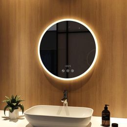 Badspiegel mit Beleuchtung 60cm badspiegel Rund led mit Touch, Anti-Beschlag, Bluetooth, Uhr, Dimmbare Helligkeit Badezimmerspiegel - Meykoers