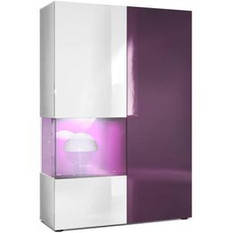 Vladon Standvitrine Highboard Hochschrank Glas Morena Weiß - Hochglanz & Naturtöne - Tür und Einsatz in Brombeer Hochglanz mit led Beleuchtung - Tür und