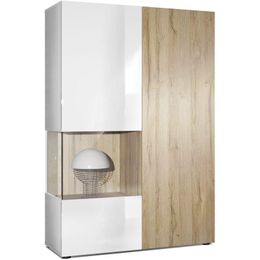 Vladon Standvitrine Highboard Hochschrank Glas Morena Weiß - Hochglanz & Naturtöne - Tür und Einsatz in Eiche Natur ohne led Beleuchtung - Tür und Einsatz