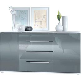 Sideboard Kommode Schrank Linio Anrichte mit 2 Türen & Schubladen Weiß matt - Front in Grau Hochglanz - Front in Grau Hochglanz - Vladon