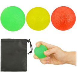 Fingertrainer Ball im 3er Set, Quetschbälle für Handtraining & Stressabbau, Schnürbeutel, 5cm ø, gelb/rot/grün - Relaxdays