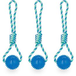 Hundespielzeug Ball mit Seil, 3er Set, Wurfball für Hunde, ø 8,5 cm, Hundeball Zahnpflege, Schleuderball, blau - Relaxdays