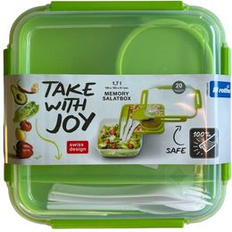 Memory Salatbox, Lunchbox 1,7l mit Besteck, extra Behälter, grün transparent - 19,5x19,5x9,1cm - Rotho
