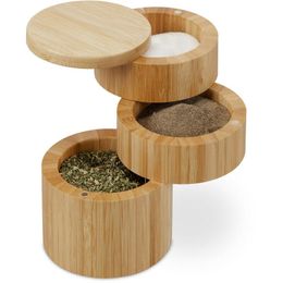 Salzbehälter mit Deckel, 3 Fächer, Bambus, drehbarer Gewürzbehälter, HxD: 13 x 9 cm, Magnetverschluss, natur - Relaxdays
