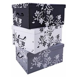 Spetebo - 3er Set Aufbewahrungsbox mit Deckel je 51 x 37 cm - Blumenmuster - Stapelbox aus Pappe mit Griffen 45 Liter - Organizer Storage Box