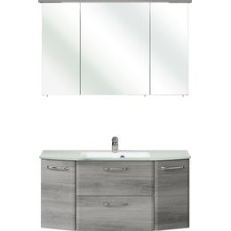 Saphir Badmöbel-Set Quickset 2-teilig, Glaswaschtisch mit LED-Spiegelschrank, 115 cm breit, (2-St), Badezimmer Set inkl. Türdämpfer, 5 Türen, 1 Klappe, 1 Schublade, grau