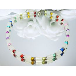 traumschmuck Kette ohne Anhänger 331d Halskette Kette Walze Glas Lampwork weiß Perle multicolor (Geschenk