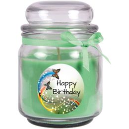Geburtstagskerze mit Duft im Bonbonglas Happy Birthday, Duft: Kokos ( Grün ), 300g - Brennd. bis zu 70 Stunden, Kerze aus Glas mit Duft - Grün