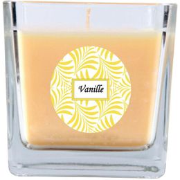 Duftkerze mit Schriftzug Vanille im Viereck Glas, 190g Wachs - Brenndauer ca.: 50 Stunden, Kerze im Glas in Geschenkverpackung - Gelb