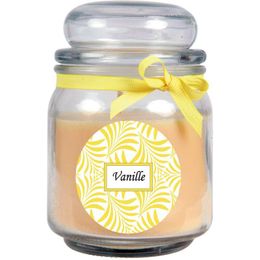 Duftkerze mit Schriftzug Vanille im Bonbon Glas, 300g Wachs - Brenndauer ca.: 70 Stunden, Kerze im Glas in Geschenkverpackung - Gelb