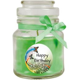 Geburtstagskerze mit Duft im Bonbonglas Happy Birthday, Duft: Kokos ( Grün ), 120g - Brennd. bis zu 30 Stunden, Kerze aus Glas mit Duft - Grün