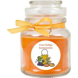 Duftkerze im Bonbonglas zur Kommunion, Duft: Honigmelone ( Orange ), 120g - Brenndauer bis zu 30 Stunden, Kerze aus Glas mit Duft - Orange