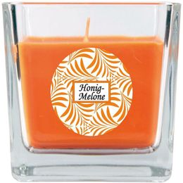 Duftkerze mit Schriftzug Honigmelone im Viereck Glas, 190g Wachs - Brenndauer ca.: 50 Stunden, Kerze im Glas in Geschenkverpackung - Orange