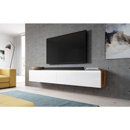 Tv Lowboard bargo Schrank Fernsehschrank 180 cm mit led Wotan -Weiß Glanz - Weiß - Furnix