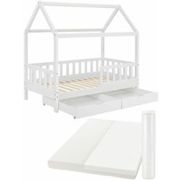 Juskys Kinderbett Marli 90 x 200 cm mit Matratze, Bettkasten, Rausfallschutz, Lattenrost & Dach - Massivholz Hausbett für Kinder - Bett in Weiß