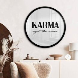 K&L WALL ART Rundes Poster Wandbild Vintage Boho minimalistischer Schriftzug Karma regelt das schon ø 50cm - schwarz