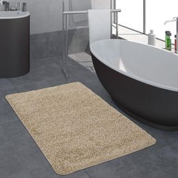 Moderner Badezimmer Teppich Einfarbig Hochflor Badteppich Rutschfest In Beige 40x55 cm - Paco Home