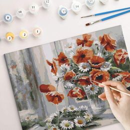 K&L WALL ART Malen nach Zahlen Komplett Set Acrylfarbe Pinsel Sommerblüten 50x40cm Blumen Leinwandbild ausmalen - rot