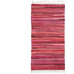 Flickenteppich 70 x 140 cm mit Fransen aus Polyester und Baumwolle, mehrfarbig, Fleckerlteppich, rot - Relaxdays