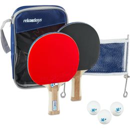 Tischtennis Set mit Netz, 2 Tischtennisschläger & 3 Tischtennisbälle, to go, Ping Pong Set mit Tasche, blau - Relaxdays