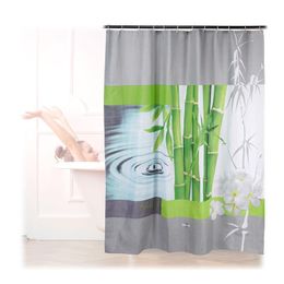 Duschvorhang, Anti-Schimmel, waschbar, Wassertropfen & Bambus, Textil, 12 Haken, Badvorhang 180x200 cm, bunt - Relaxdays