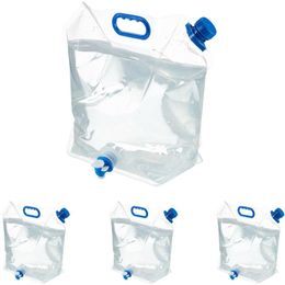 Wasserkanister 4er Set, 10 l, faltbar, Wasserbehälter mit Zapfhahn & Griff, Camping Kanister, transparent/blau - Relaxdays