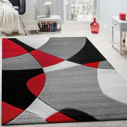 Designer Teppich Modern Geometrische Muster Konturenschnitt In Rot Schwarz Grau 60x110 cm - Paco Home