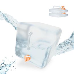 Faltbarer Wasserkanister, 3er Set, 20 l, Kanister mit Zapfhahn, BPA-frei, lebensmittelecht, transparent/orange - Relaxdays