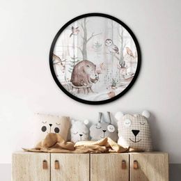 K&L WALL ART Rundes Poster Wandbild Safari Kinderzimmer Waldtiere Kvilis Bär Reh Hase Eule im Wald ø 50cm - beige