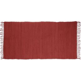 Flickenteppich rot 70 x 140 cm mit Fransen aus 100 % Baumwolle, einfarbig, Fleckerlteppich, red - Relaxdays