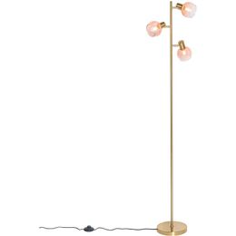 Qazqa Art Deco Stehlampe Gold mit rosa Glas 3 Lichter - Vidro - Rosa