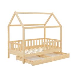 Juskys Kinderbett Marli 90 x 200 cm mit Bettkasten, Gitter, Lattenrost & Dach - Holz Hausbett Natur