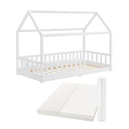 Juskys Kinderbett Marli 90 x 200 cm mit Matratze, Gitter, Lattenrost & Dach - Bett Weiß