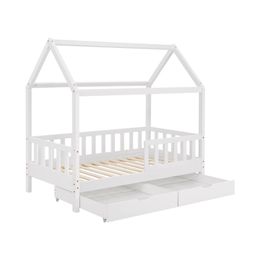 Juskys Kinderbett Marli 90 x 200 cm mit Bettkasten, Gitter, Lattenrost & Dach - Holz Hausbett Weiß