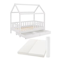 Juskys Kinderbett Marli 90 x 200 cm mit Matratze, Bettkasten, Gitter, Lattenrost & Dach - Bett Weiß